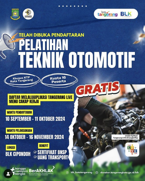 BLK Kota Tangerang Kembali Buka Pendaftaran Pelatihan Teknis Otomotif ...